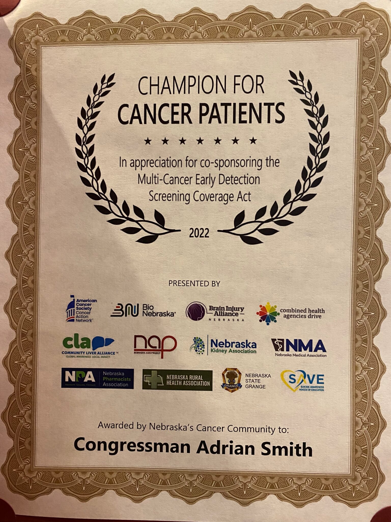 U.S. Rep. Adrian Smith Recognized as Champion for Cancer Patients - Bio ...